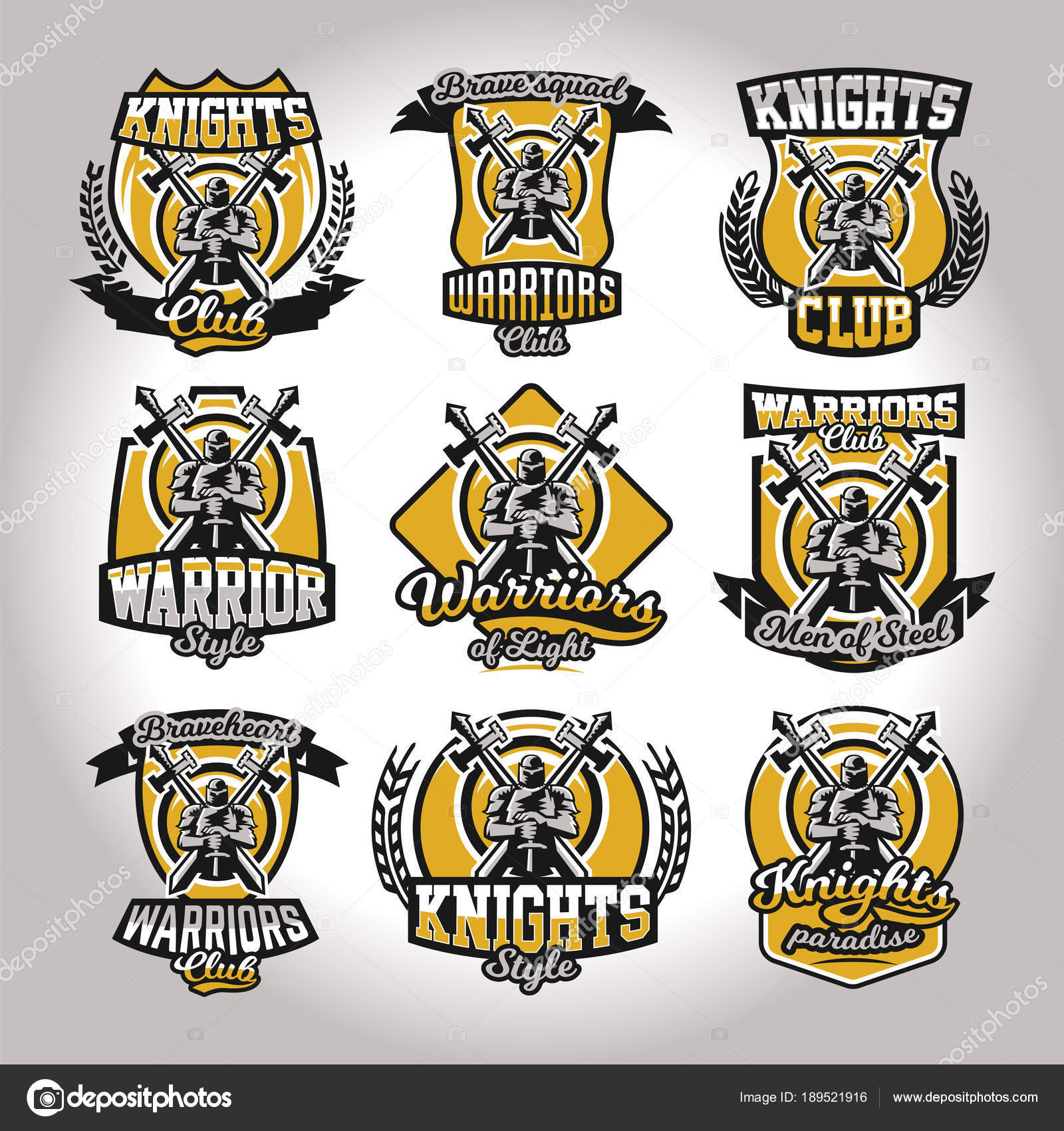 Set of colorful logos, emblems of a knight on a background of two cross ...