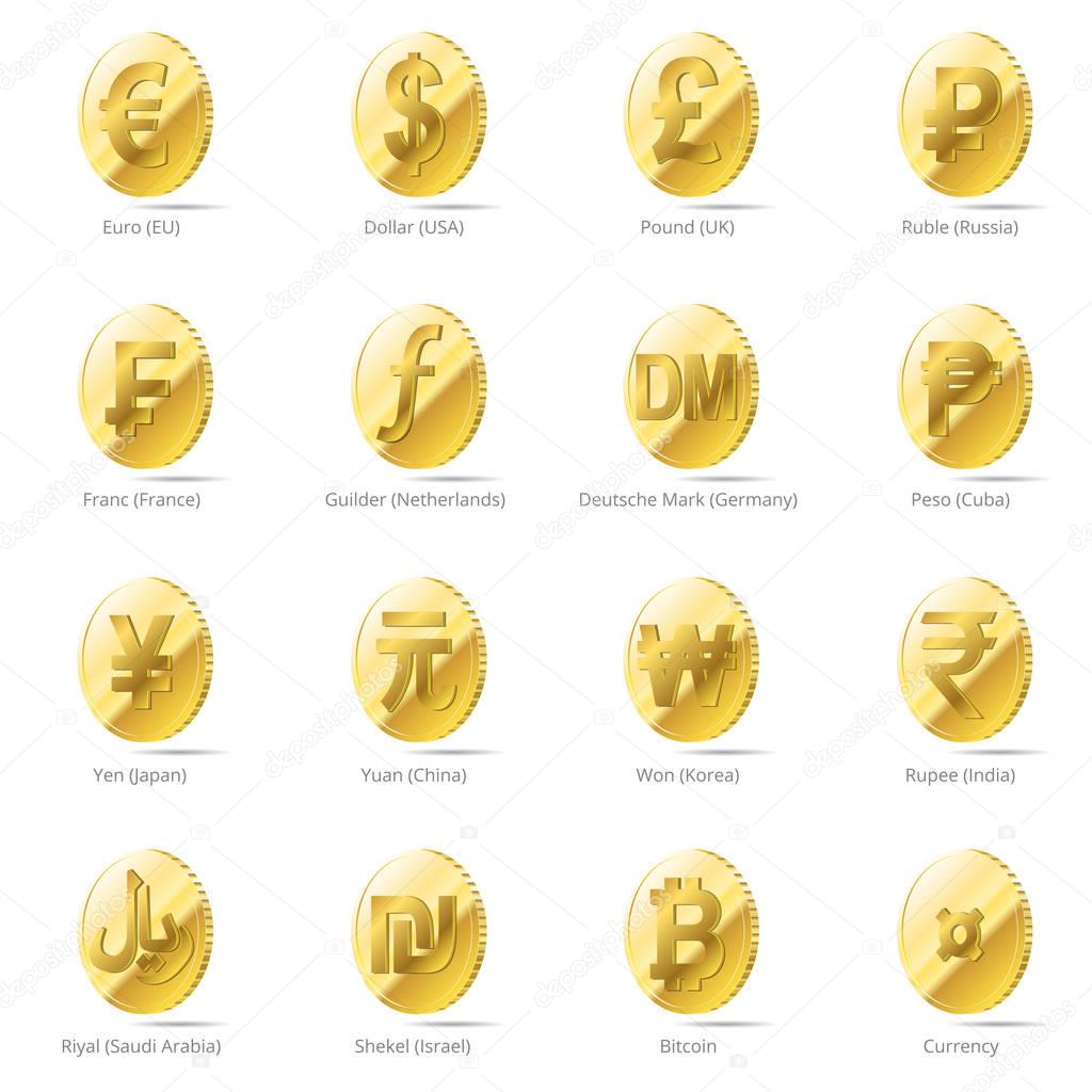 World currency signs placed on gold coins: euro, dollar, pound, ruble ...