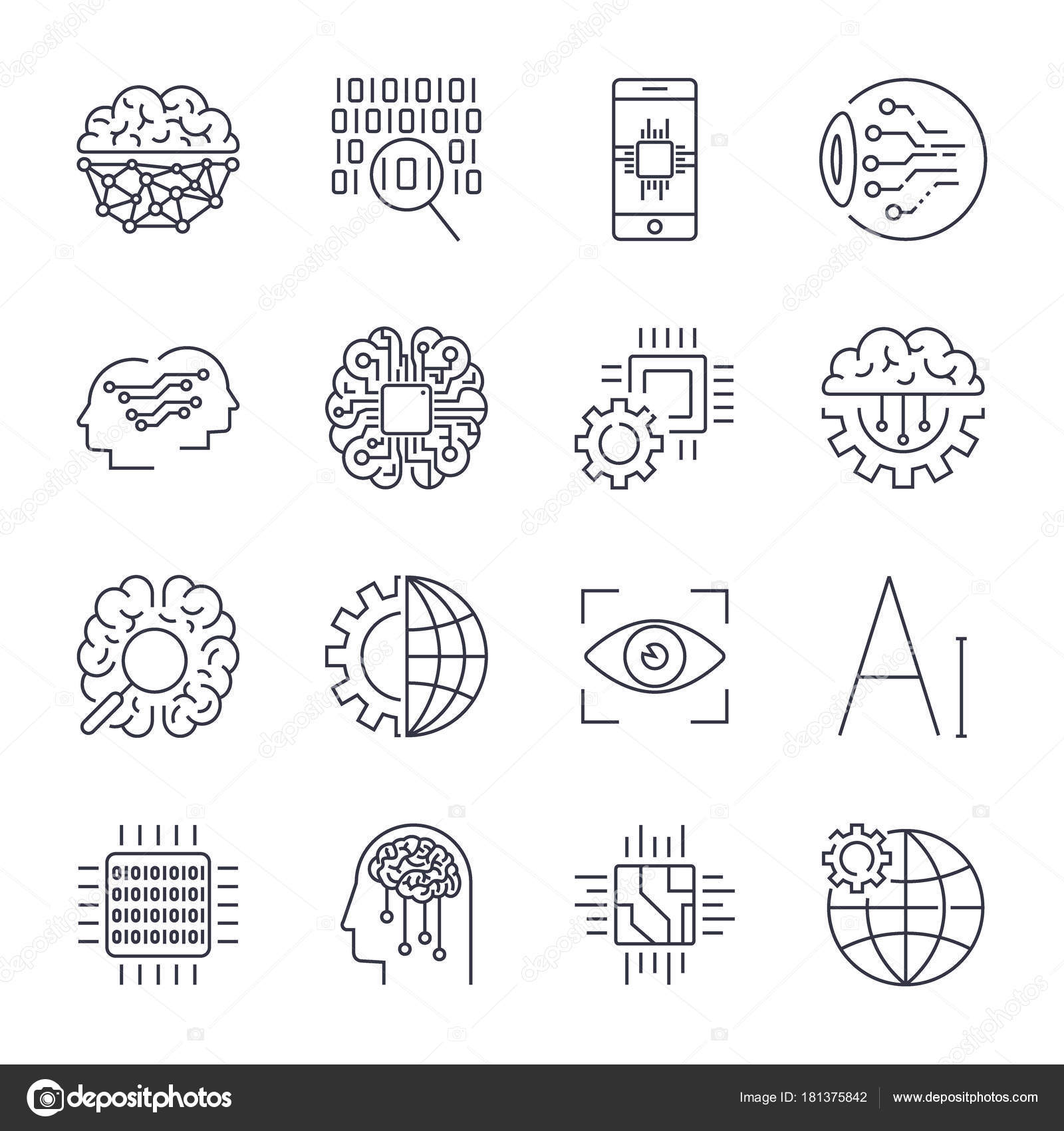 Icons set for artificial intelligence AI concept. Artificial intelligence AI line icons ...