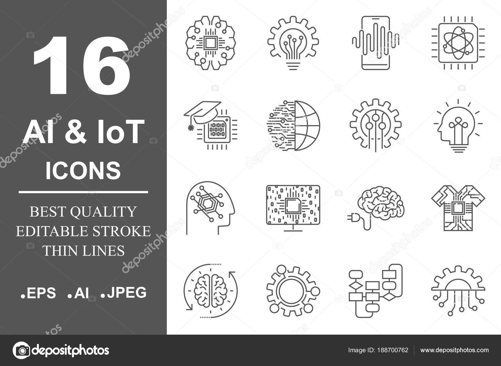AI and IoT. Artificial intelligence icons set. Editable Stroke. EPS 10 ...