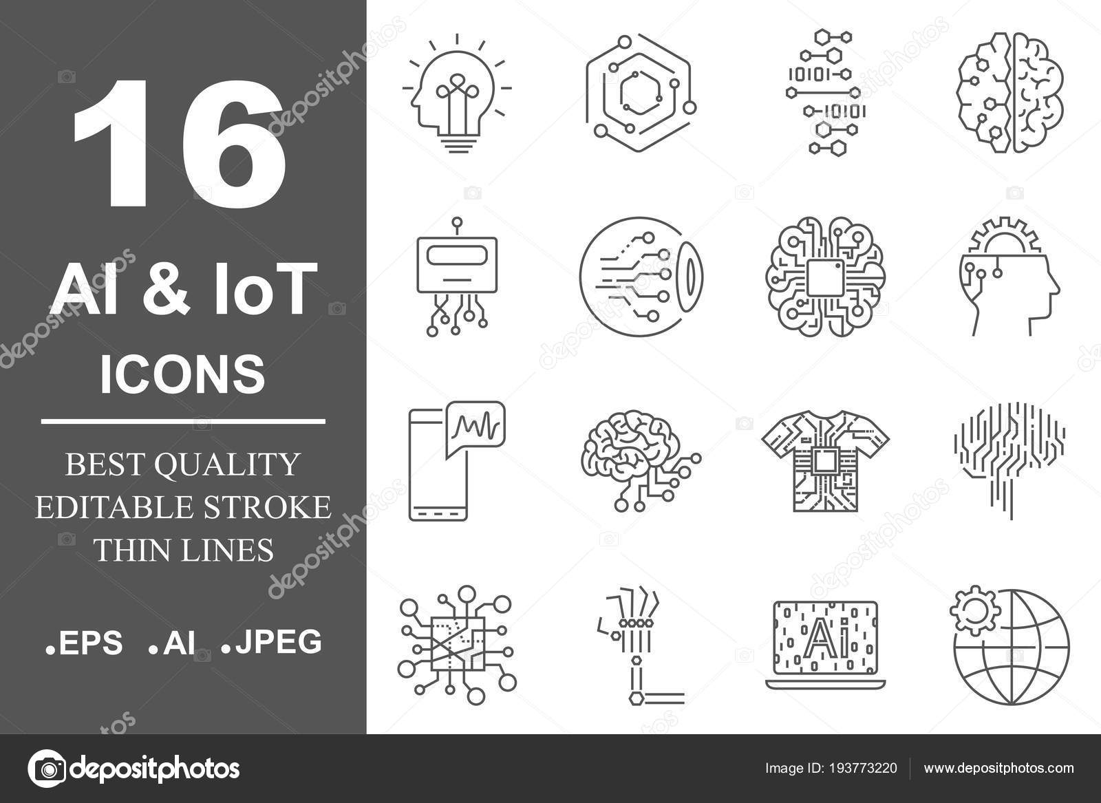 Simple set of artificial intelligence related line icons contains such icons as droid, eye, chip ...