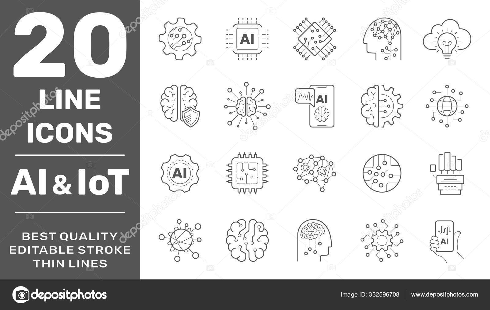 Vector machine learning thin outline icon set with AI, smart robotic ...