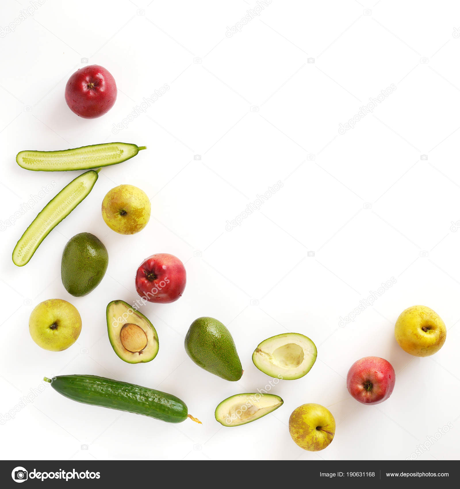 Cucumber Avocado Apple Isolated White Background Top View Flat Layout ...