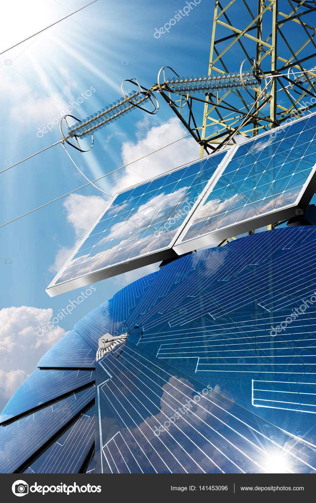 Solar Panels - Power Line and Sun Rays Stock Photo by ©catalby 141453096