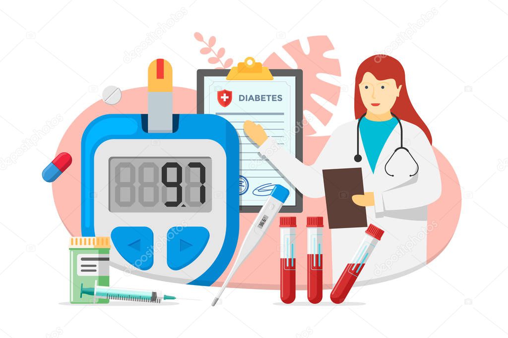 Médico femenino con glucosímetro para medir el nivel de azúcar y la ...