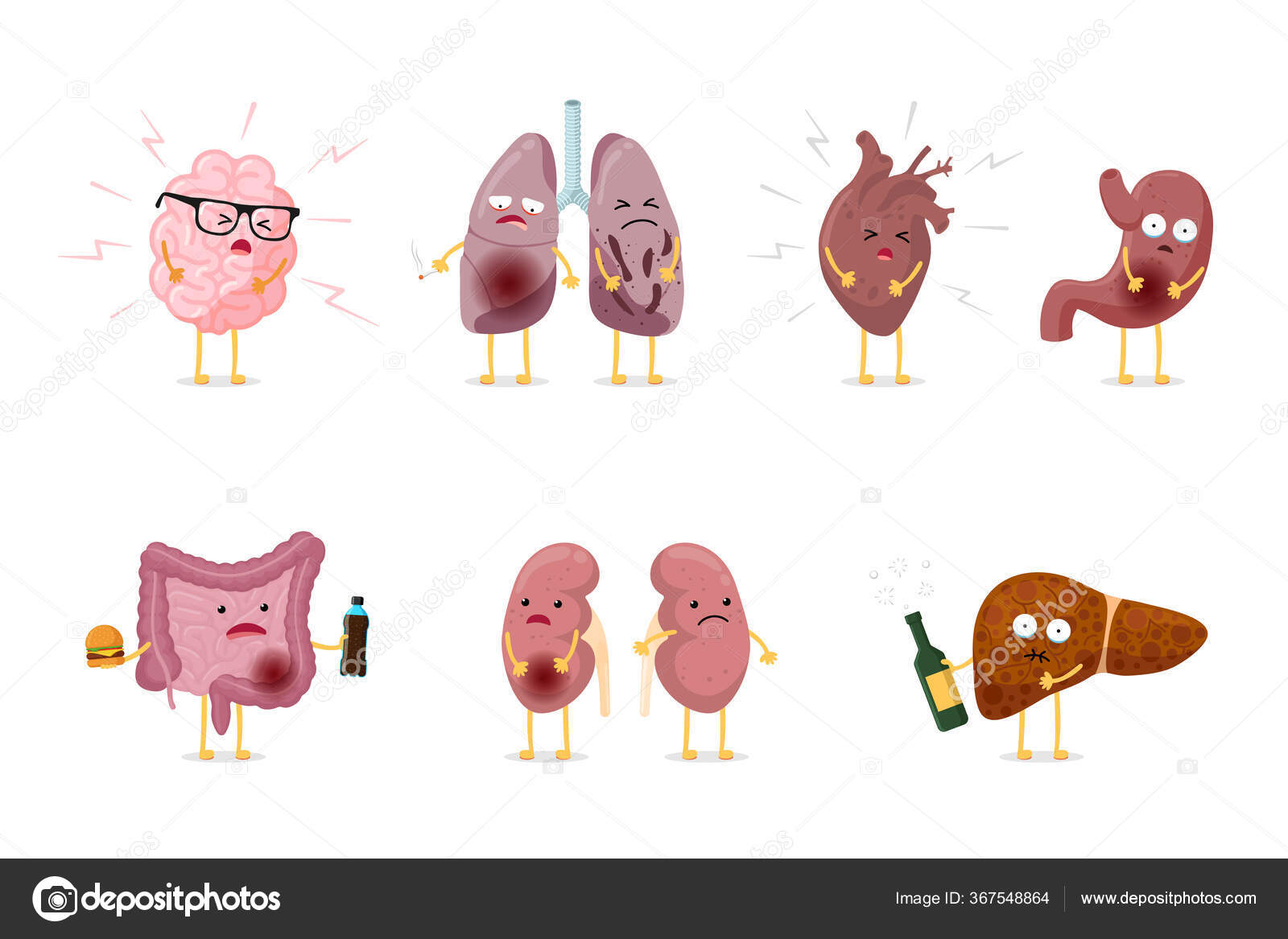 Cute cartoon unhealthy sick human internal organ character set with ...