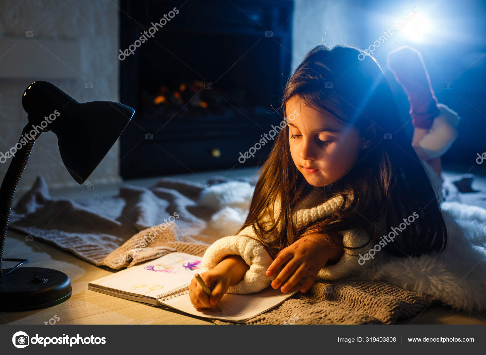 Pretty Little Girl Writing Notebook Floor Lamp Stock Photo by ©sinenkiy ...