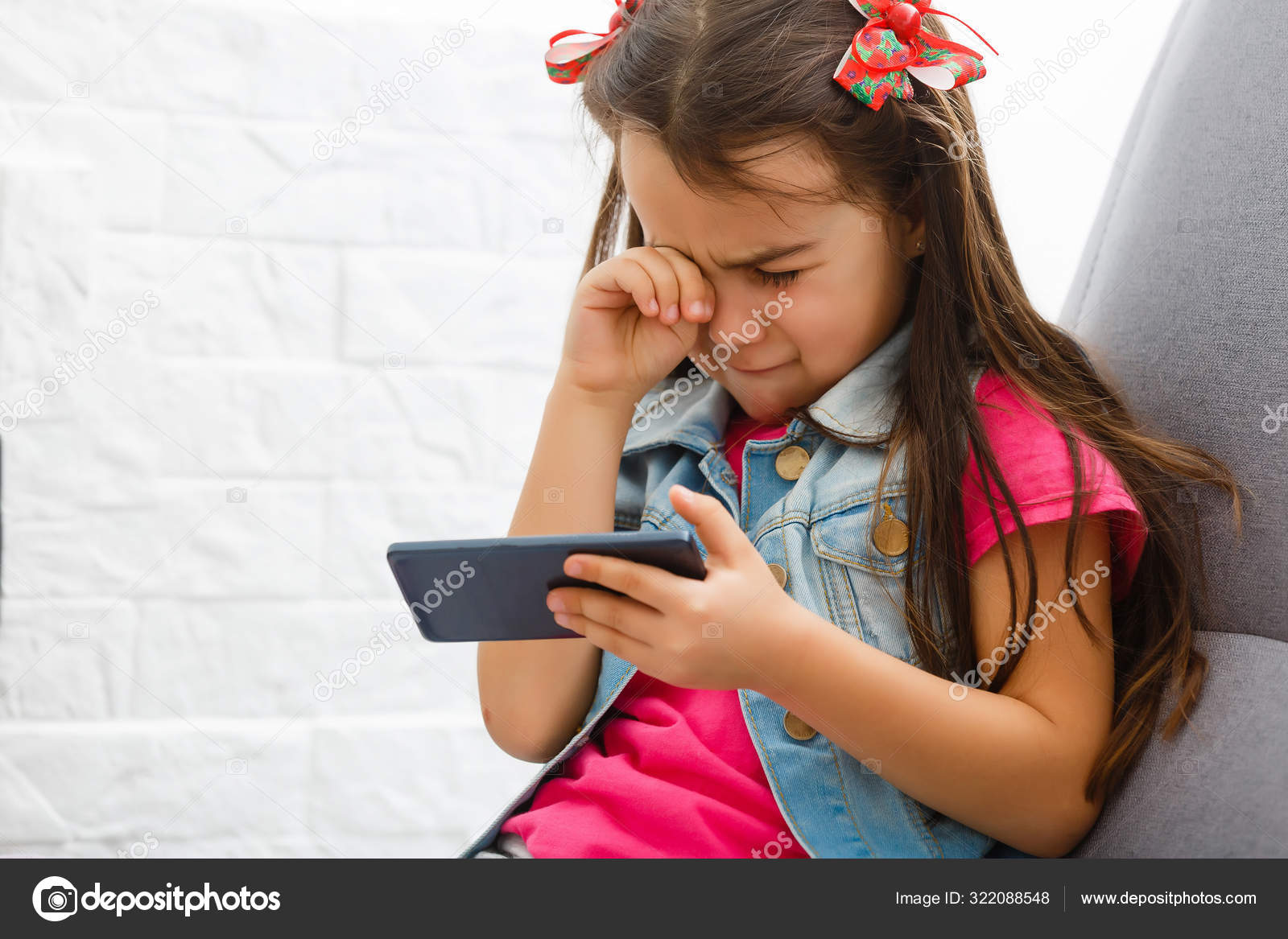 Little Girl Crying Holding Smartphone Little Girl Hid Her Face Stock ...