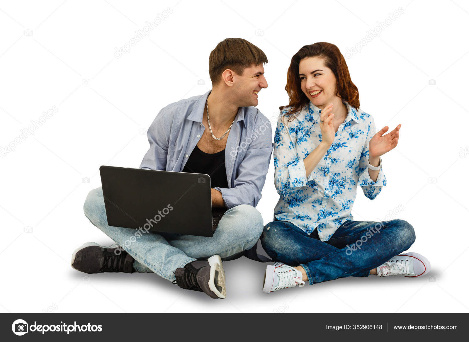 Couple Sitting Laptop Hugging Smiling Isolated White Background — Stock ...