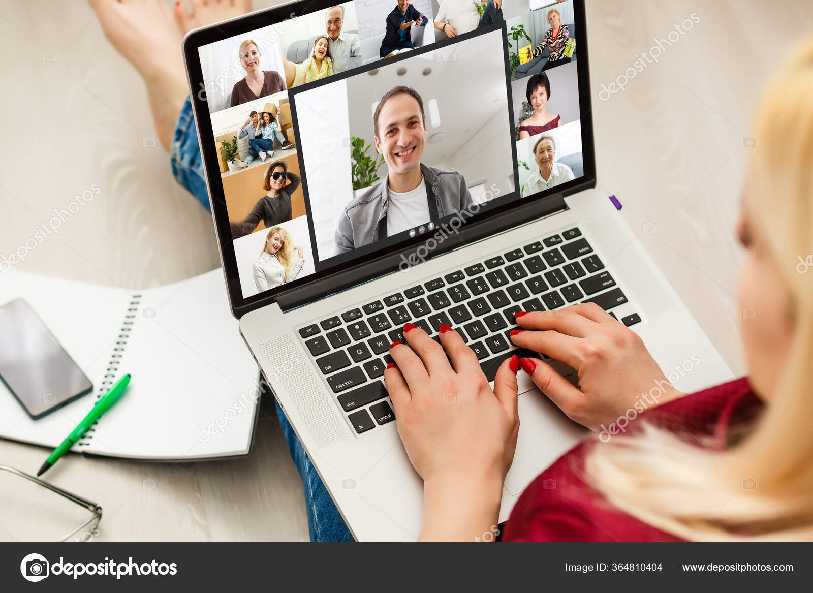 View over girl shoulder, use webcam and laptop enjoy distant ...