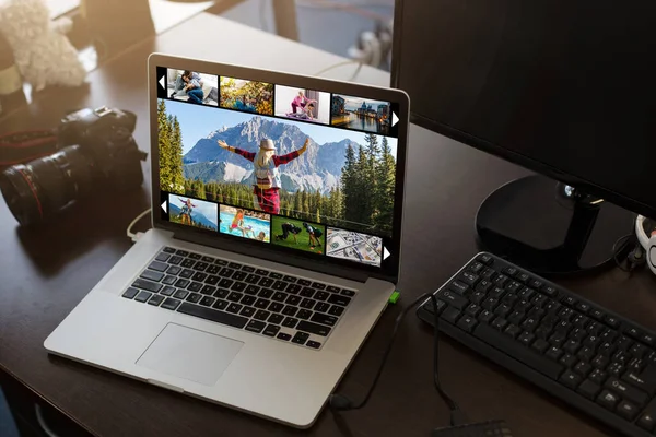 watching video with a laptop. Concept of watching video, working during ...