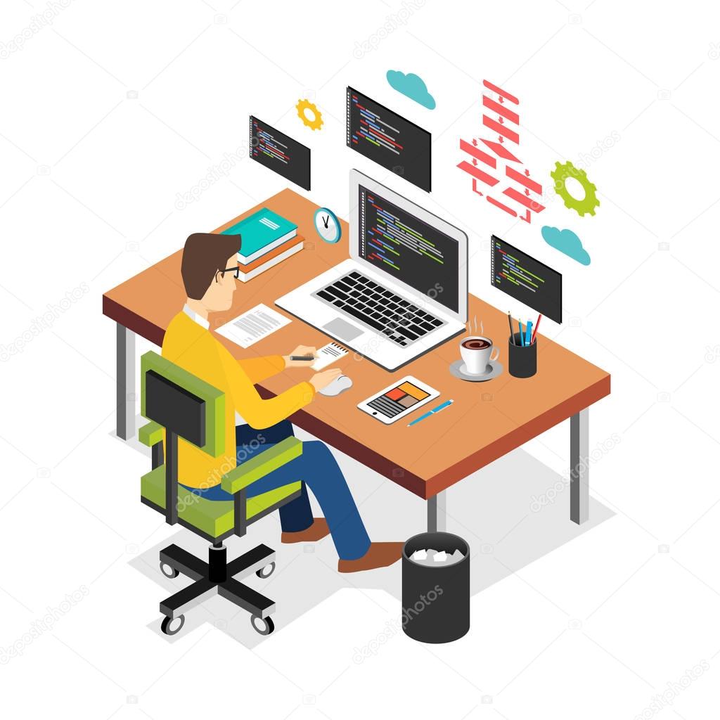 Professional Programmer Working Writing Code On Laptop Computer At Desk Programmer Developer