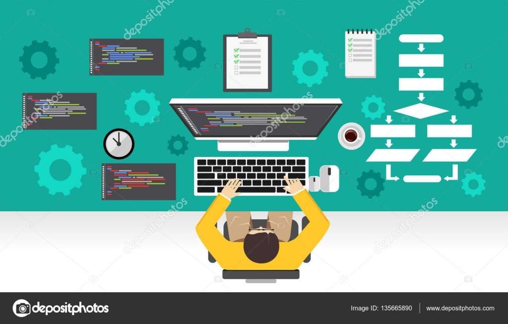 Software development. Programmer working on computer. Programming ...