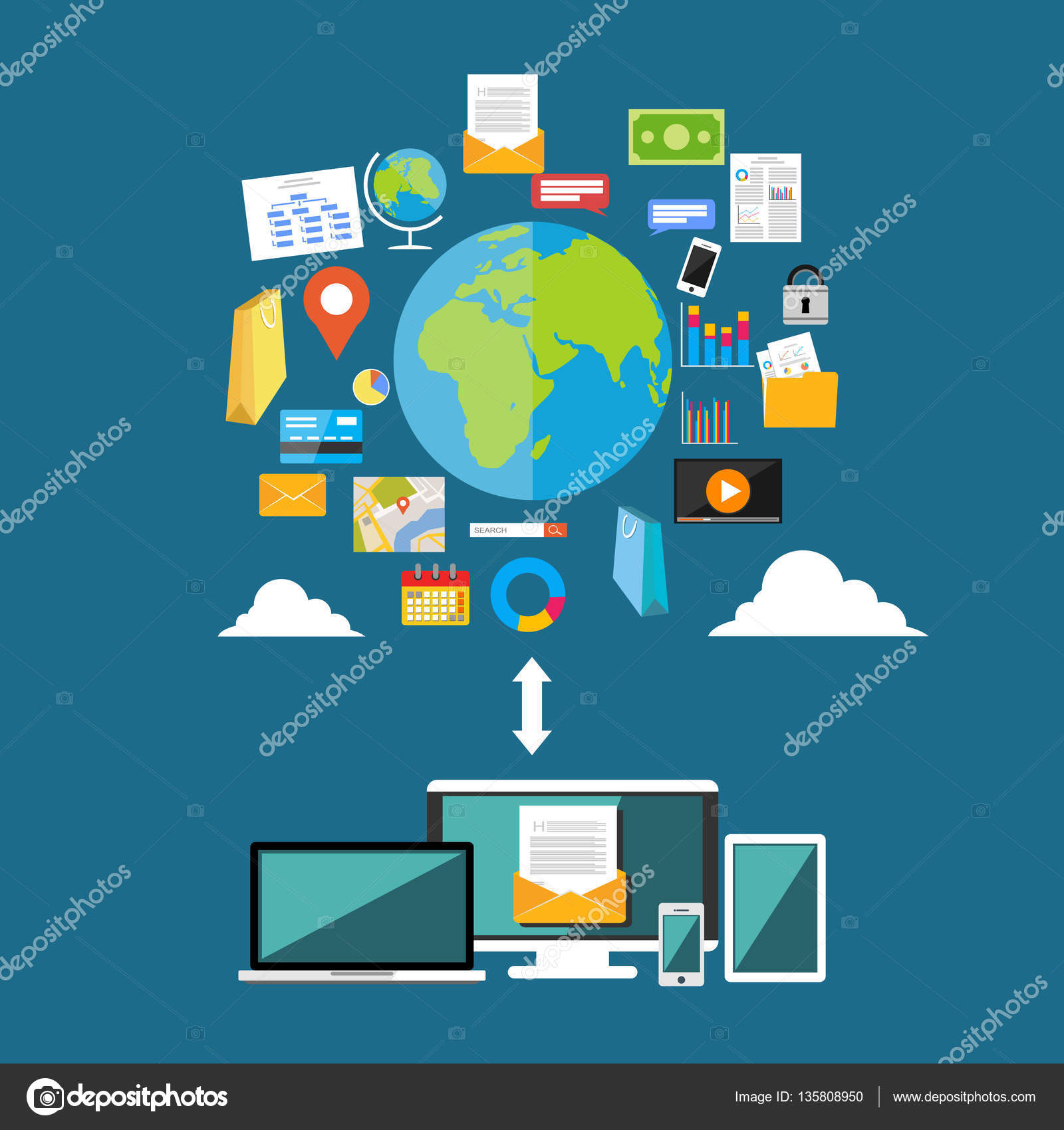 Download or upload internet contents. Surfing on internet. Multimedia ...