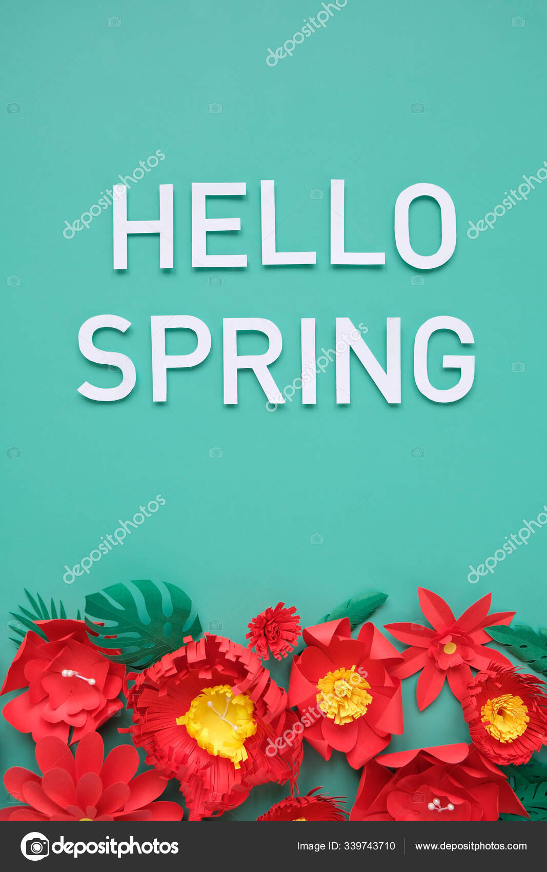 Hello, spring. With red paper flowers and green leaves — Stock Photo ...