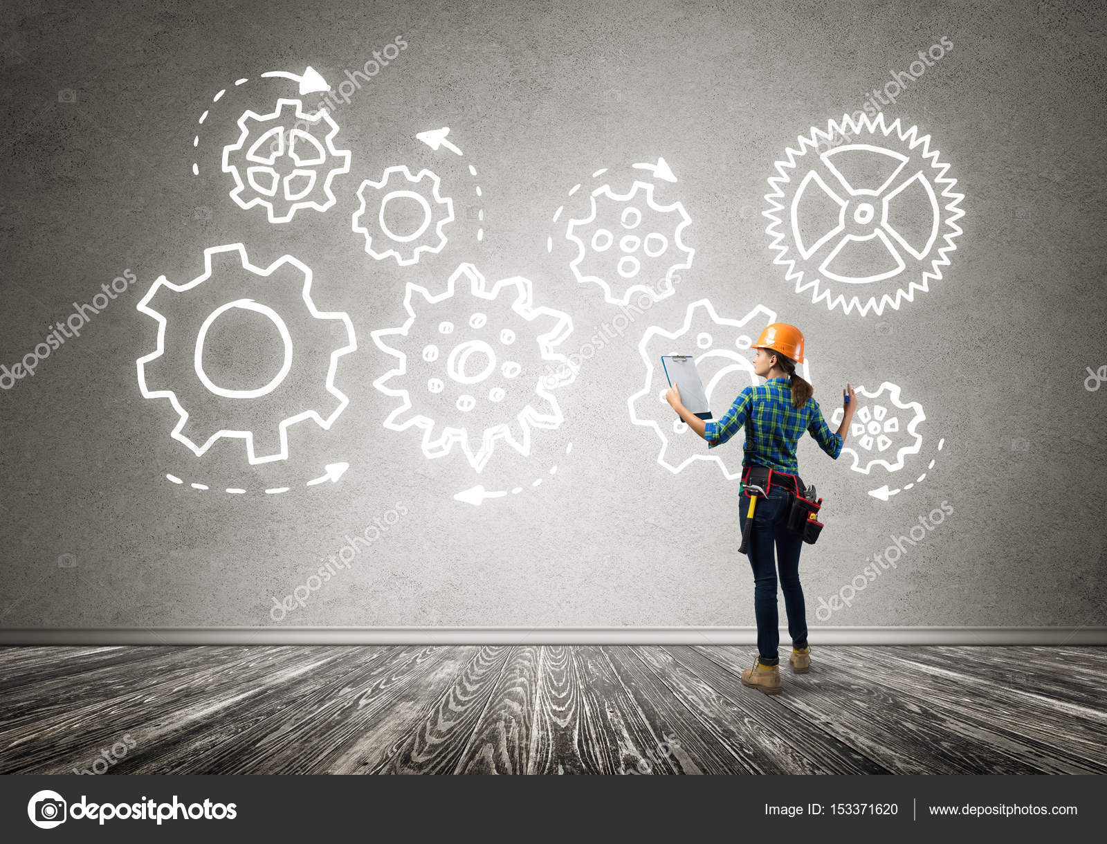 Back view of engineer woman in hardhat — Stock Photo © Khakimullin ...