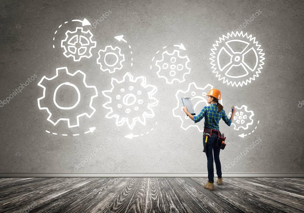 Back view of engineer woman in hardhat — Stock Photo © Khakimullin ...