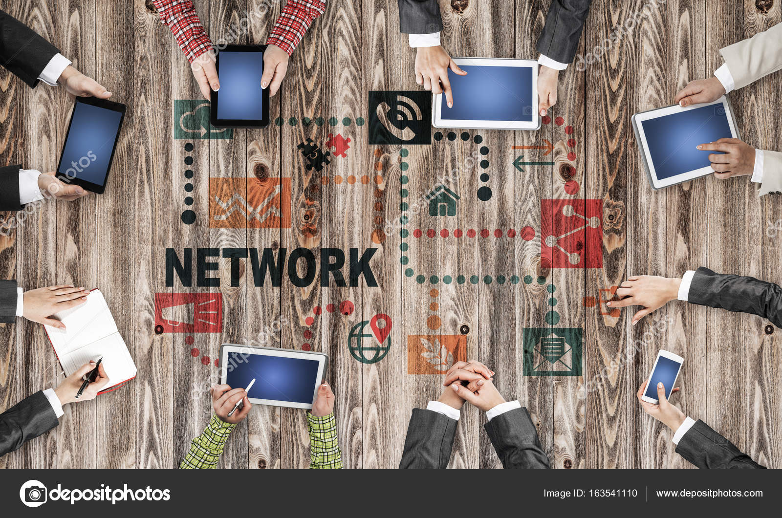 People with devices in hands working together — Stock Photo ...