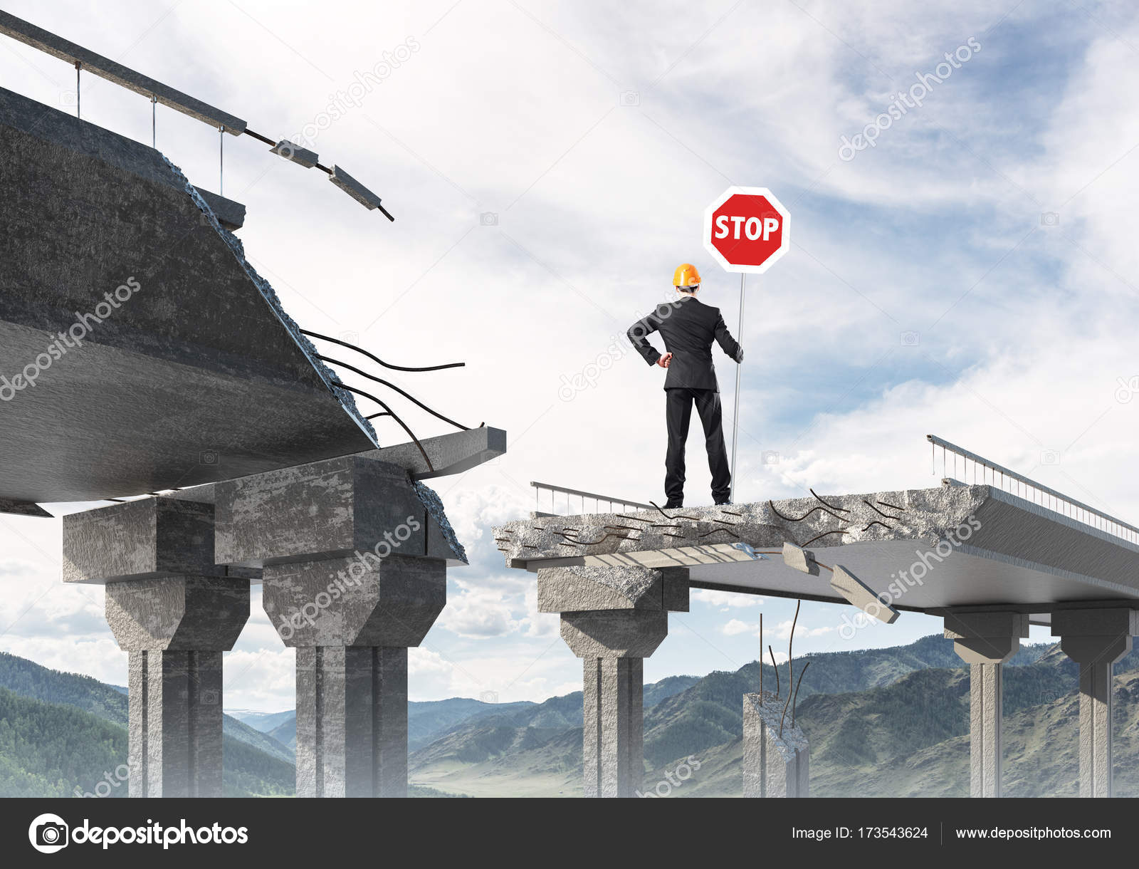 Rear View Engineer Helmet Holding Stop Sign While Standing Broken ...