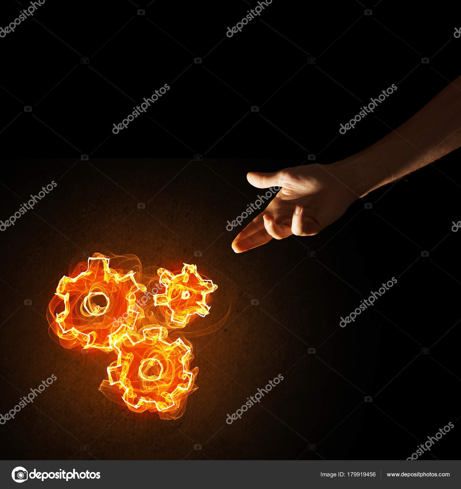Hand Man Presenting Fire Gear Mechanism Dark Background Concept Team ...