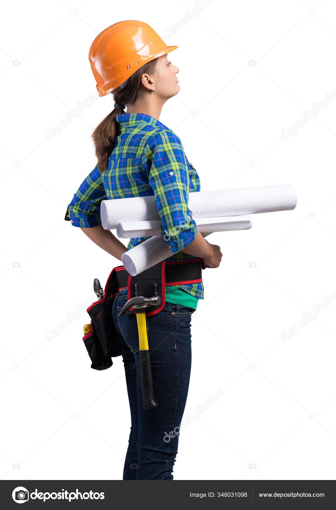 Young Civil Engineer Hard Hat Holding Paper Blueprints Side View ...
