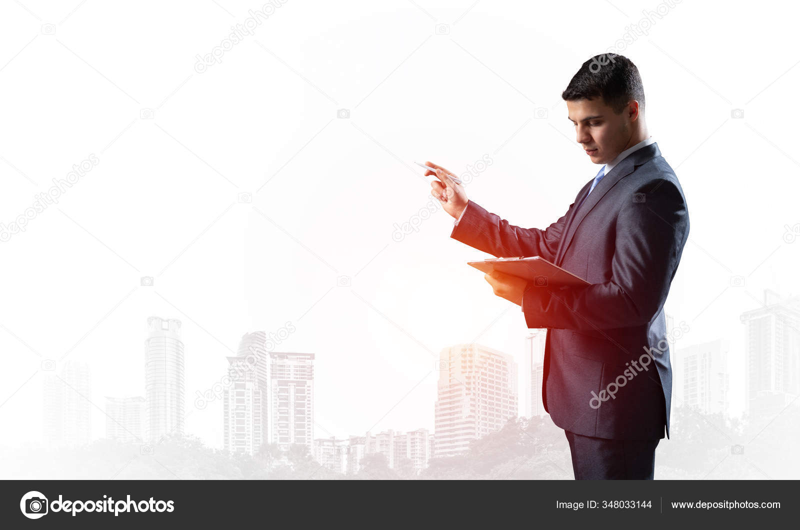 Handsome Businessman Standing Finger Pointing Something Side View Man ...