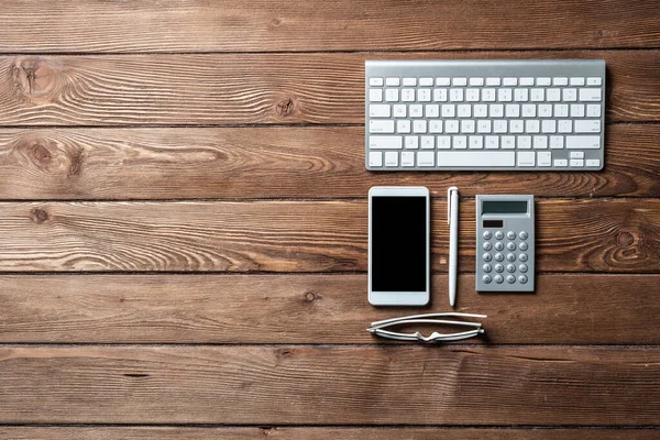 Top view of accountant workspace with office accessories. Flat lay ...