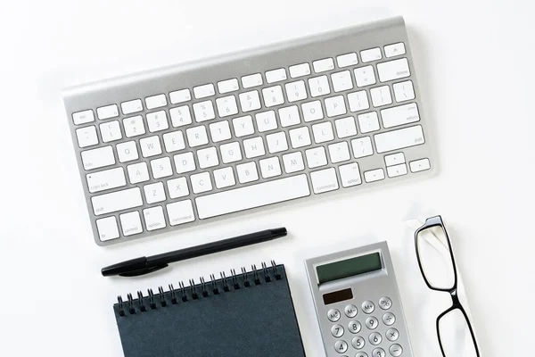 Still life of accountant workspace with office accessories. Flat lay ...