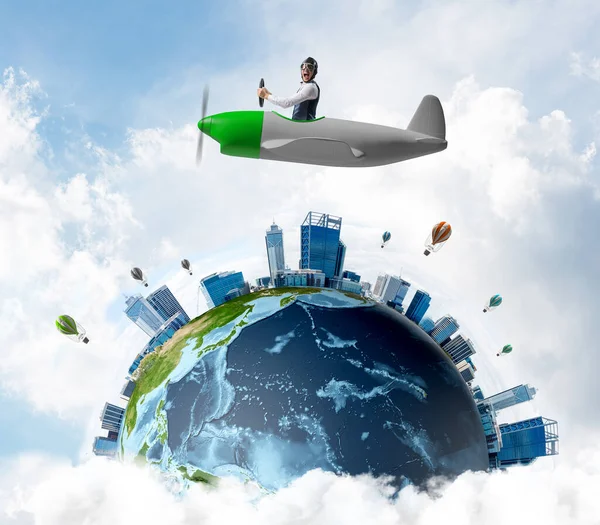 Businessman in aviator leather hat driving propeller plane. Traveling ...