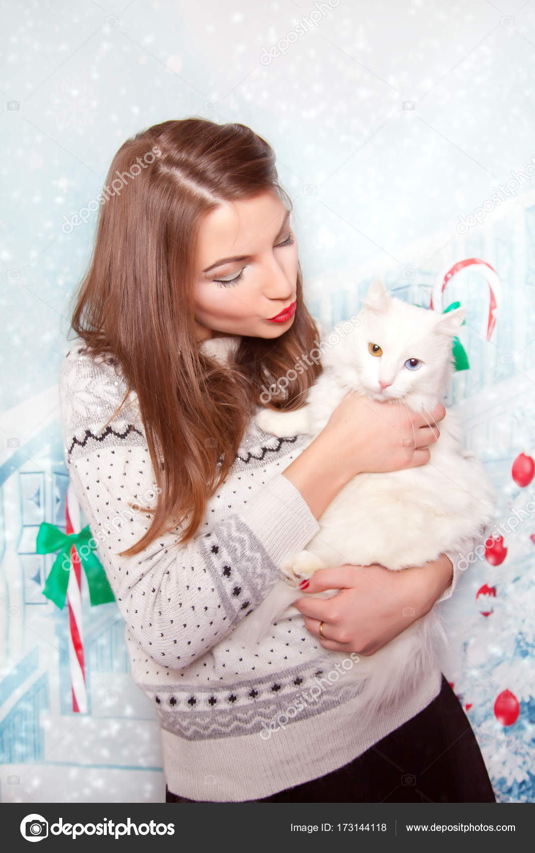 Pretty Cute Young Girl Wearing Christmas White Sweater and Standing ... Pretty Cute Young Girl Wearing Christmas White Sweater and Standing ...
