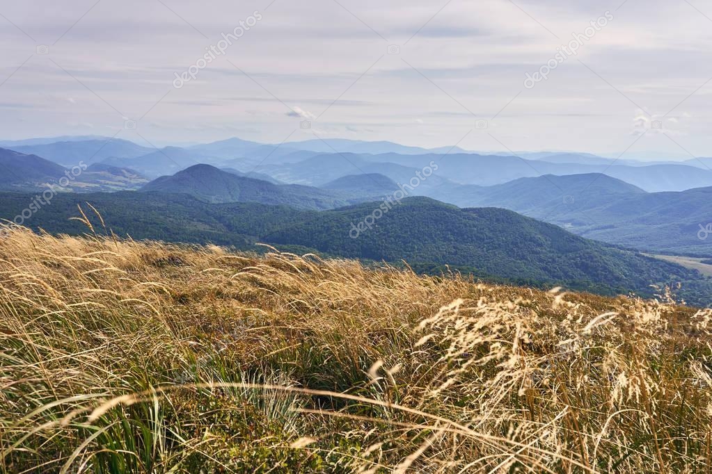 Hermosa vista panorámica de las montañas Bieszczady a principios de ...