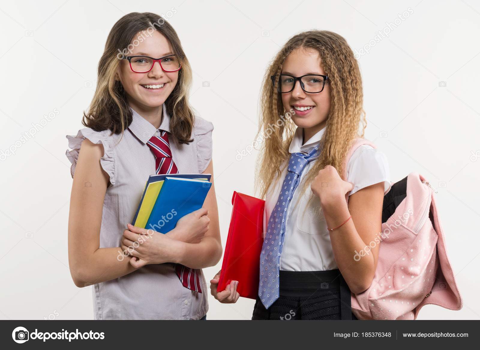 Happy high school friends closeup portrait. Pose on camera, in school ...