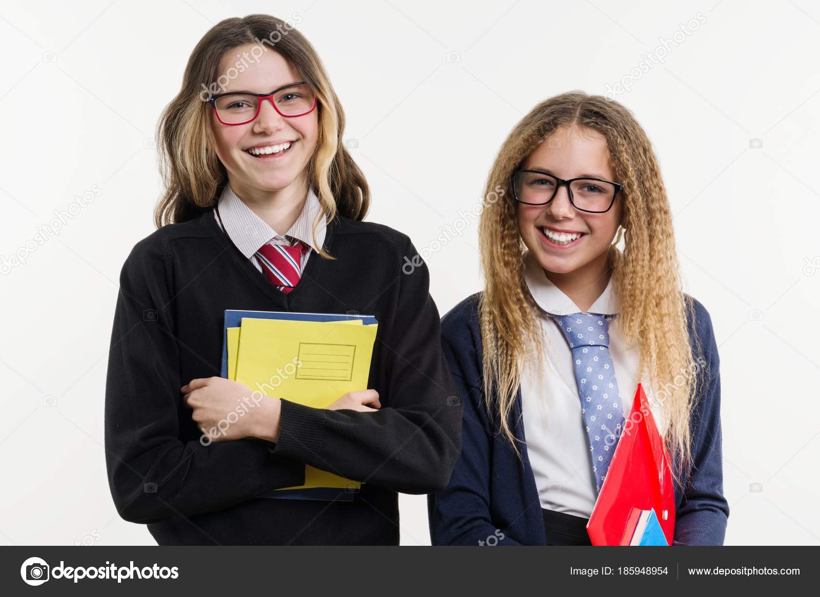 Happy high school friends closeup portrait. Pose on camera, in school ...