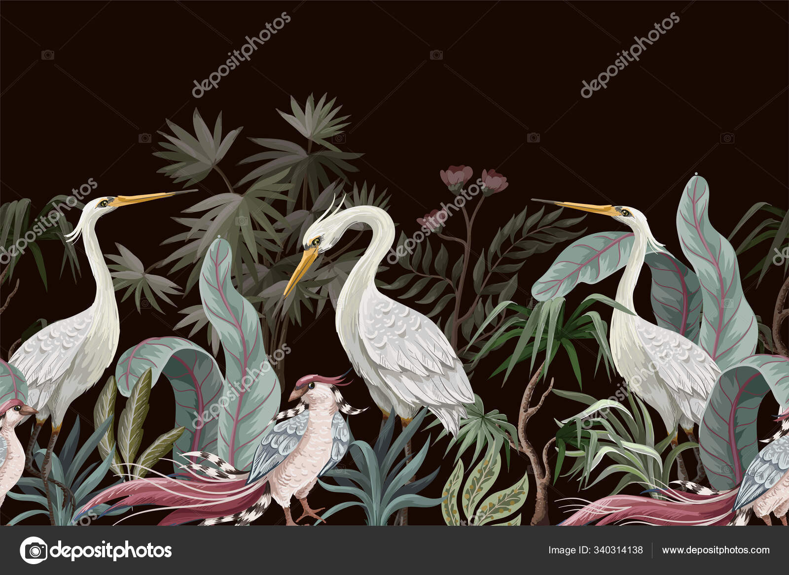 Border in chinoiserie style with storks and peonies. Vector. Stock ...