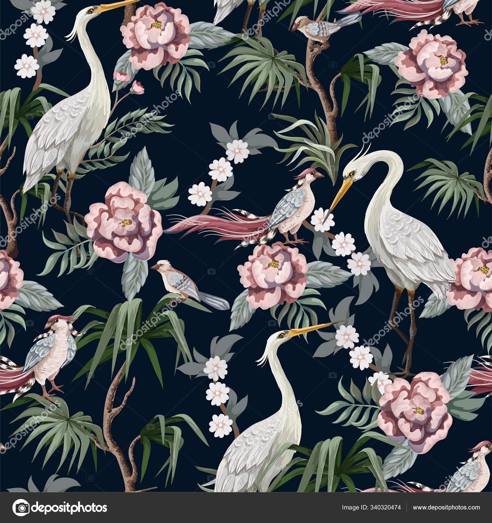 Seamless pattern in chinoiserie style with storks, birds and peonies. Vector, Stock Vector by ...