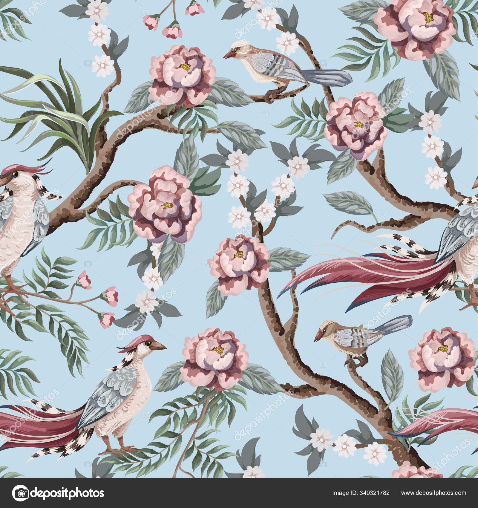 Seamless pattern in chinoiserie style with storks, birds and peonies. Vector, — Stock Vector ...