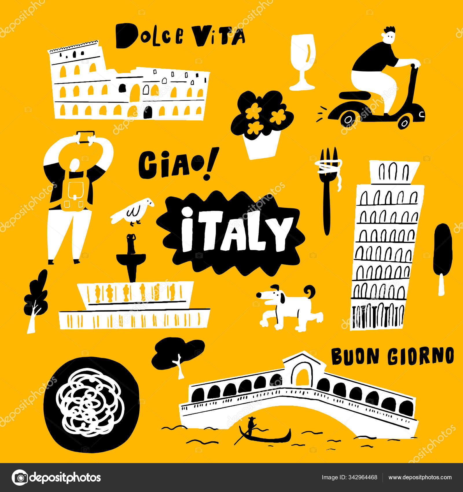 Vector doodle illustration of main italian attractions and cultural ...