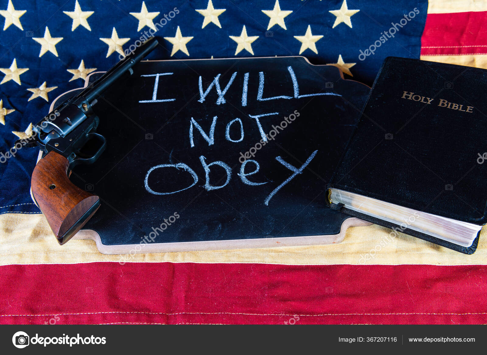 Still Life Obey Black Chalk Board Bible Gun American Flag — Stock Photo ...