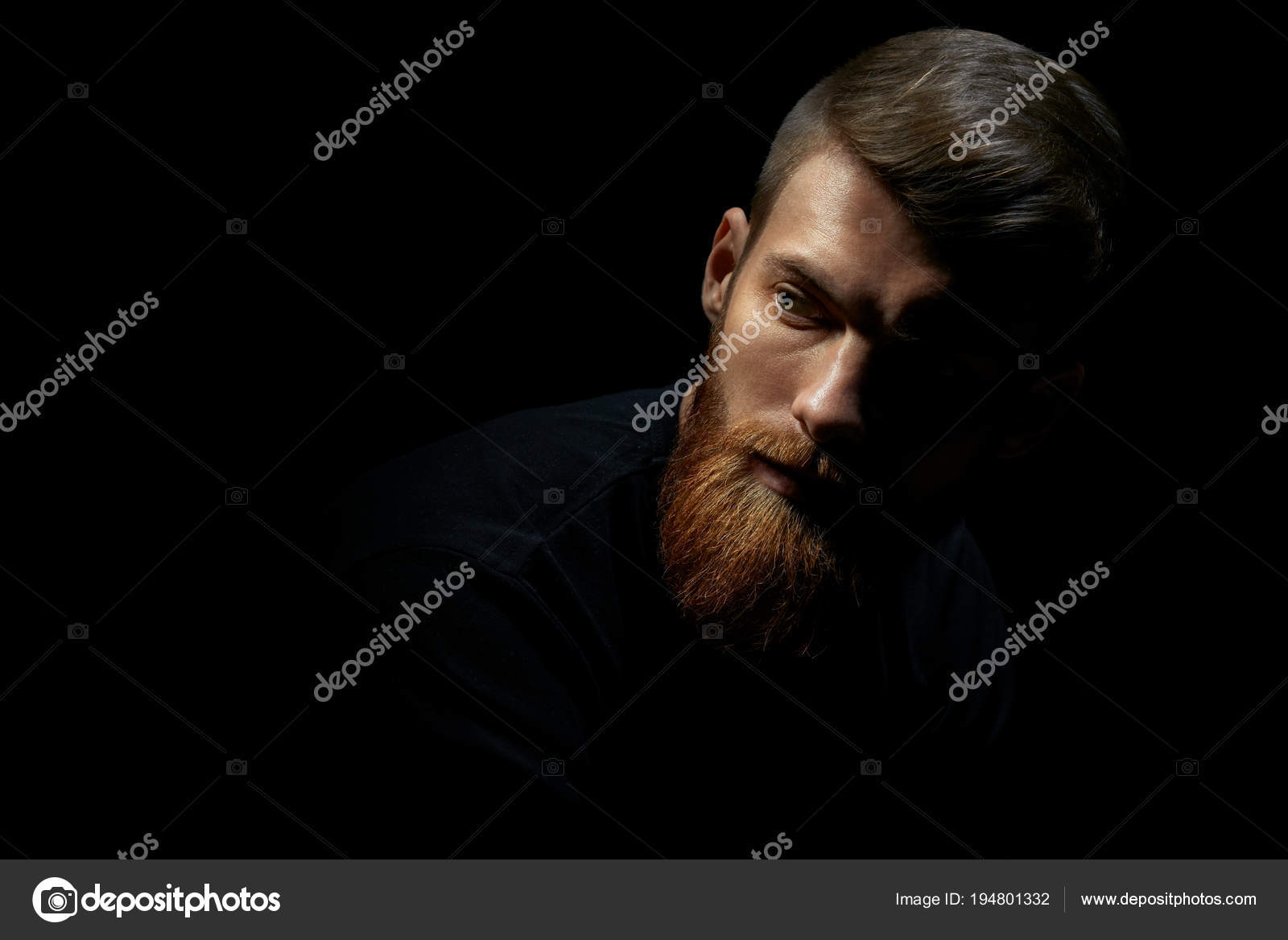 The face of the bearded man is illuminated by half Stock Photo by ...