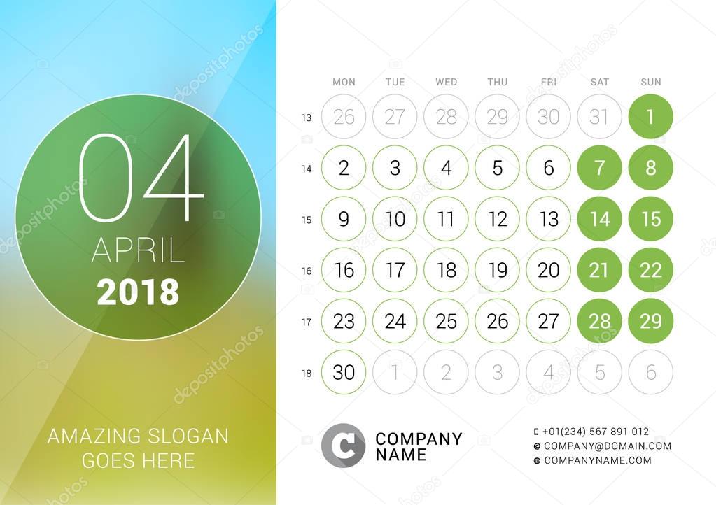 Abril de 2018. Calendario de escritorio para 2018 Año. Plantilla de ...