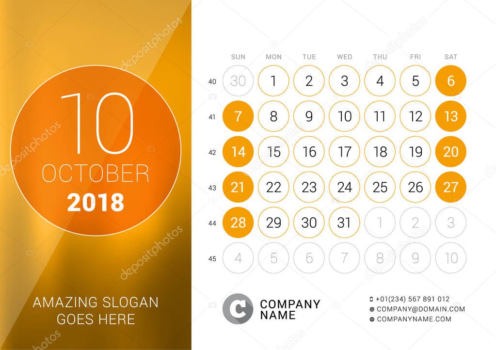 Octubre de 2018. Calendario de escritorio para 2018 Año. Plantilla de ...