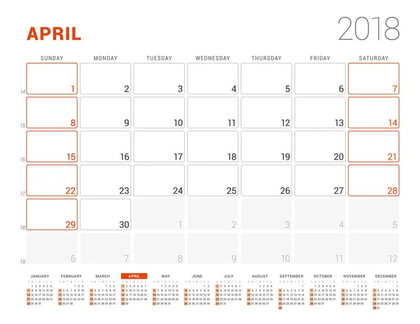 Calendar Template for 2018 Year. April. Business Planner with Year ...
