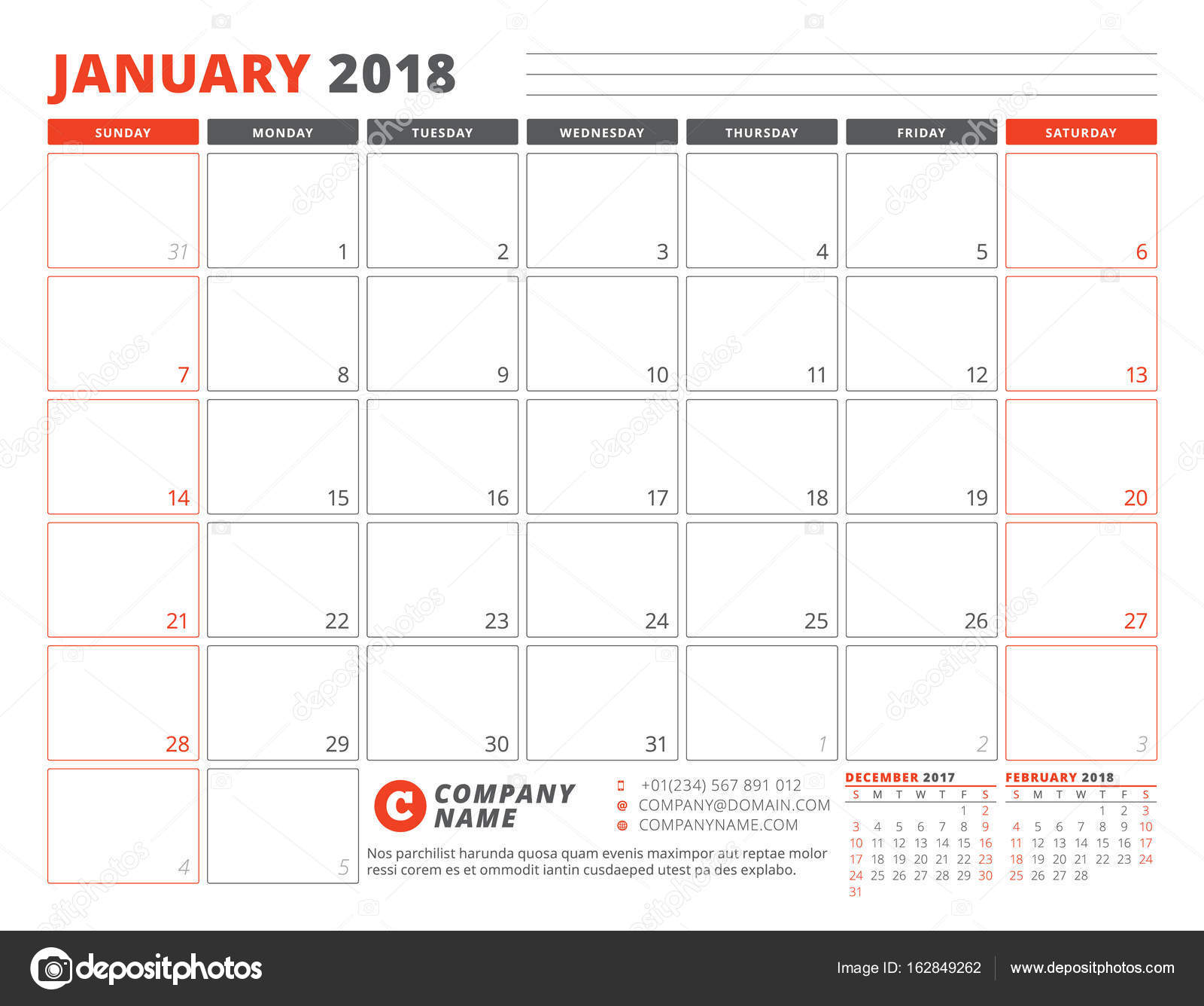 Calendar Planner Template for January 2018. Business Planner Template ...