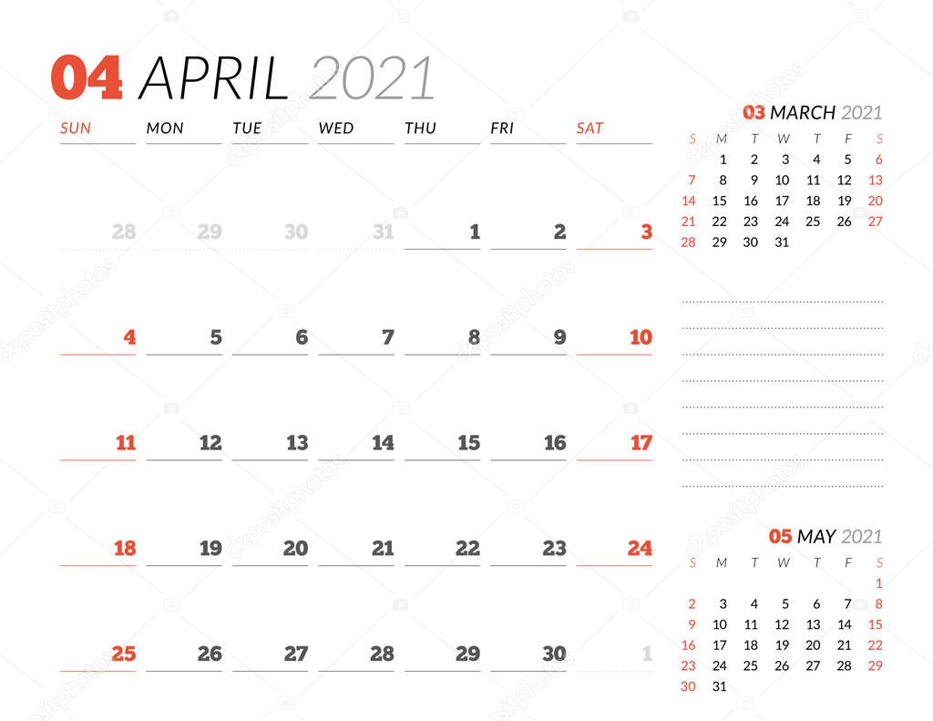 P gina del calendario para abril de 2021. Planificador mensual. Dise o ...