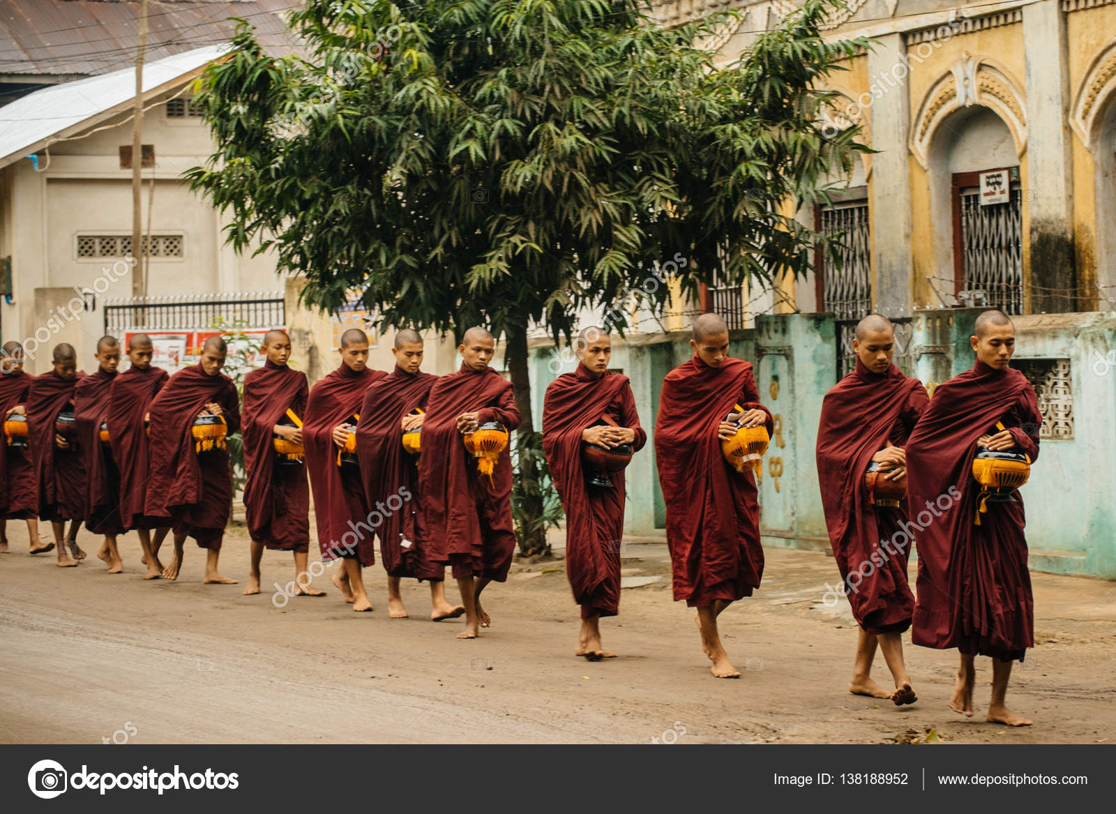 Barefoot buddhist monks on procession – Stock Editorial Photo ...