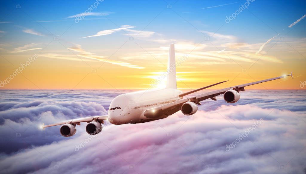 Huge airplane flying above clouds in dramatic sunset — Stock Photo ...