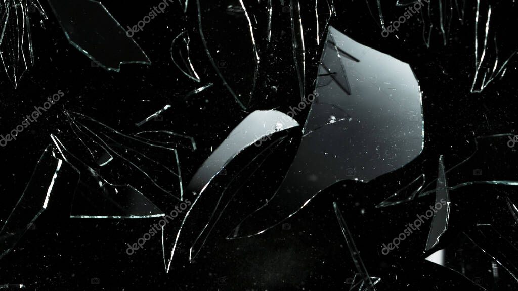 Detalle de vidrio roto sobre fondo negro. Textura de vidrio roto. 2024