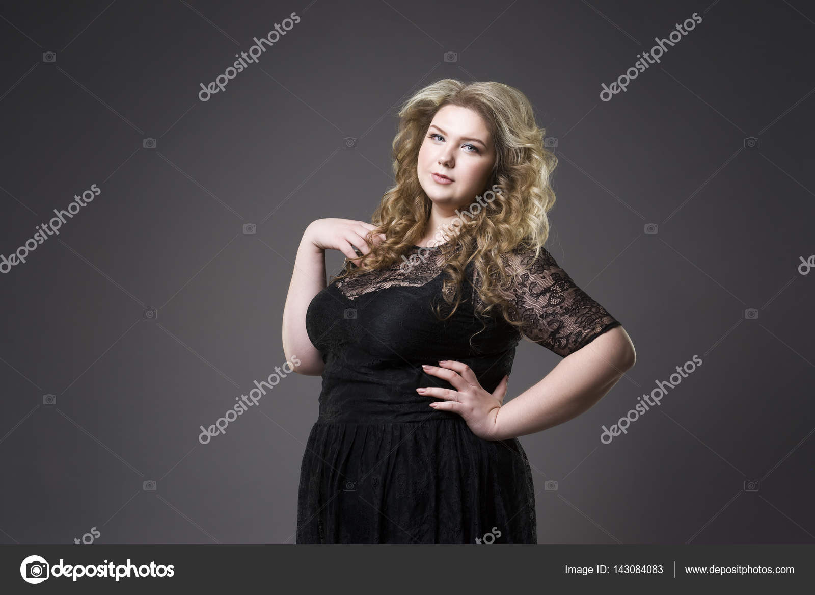 Young Beautiful Blonde Plus Size Model In Black Dres Xxl Woman