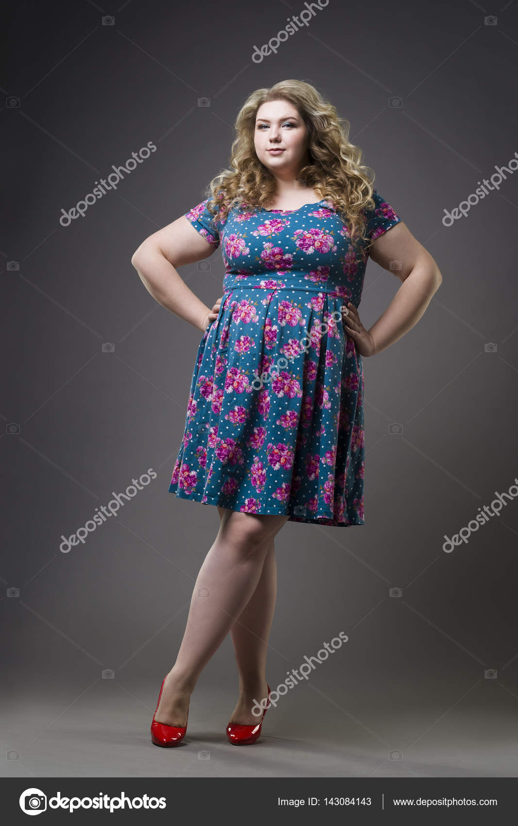 Young Beautiful Happy Blonde Plus Size Model In Dress And Shoes Xxl