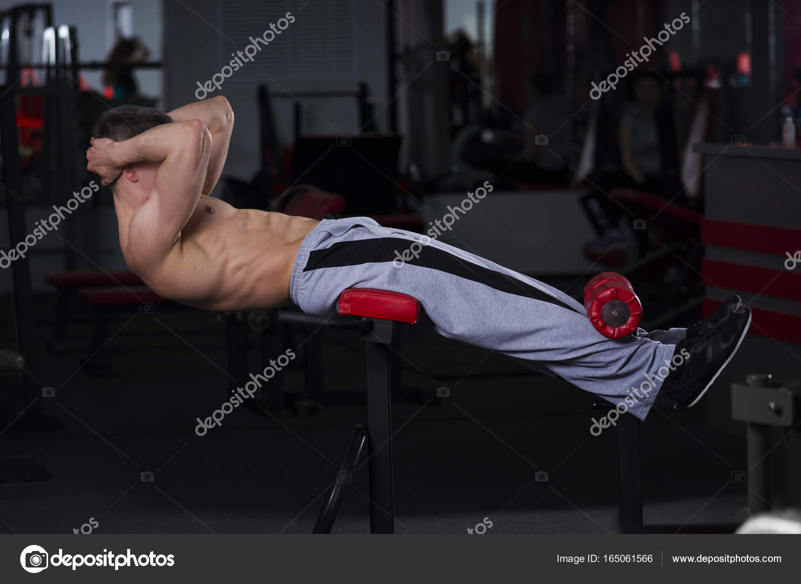 Man doing exercise on abdominal bench in gym, perfect muscular male ...